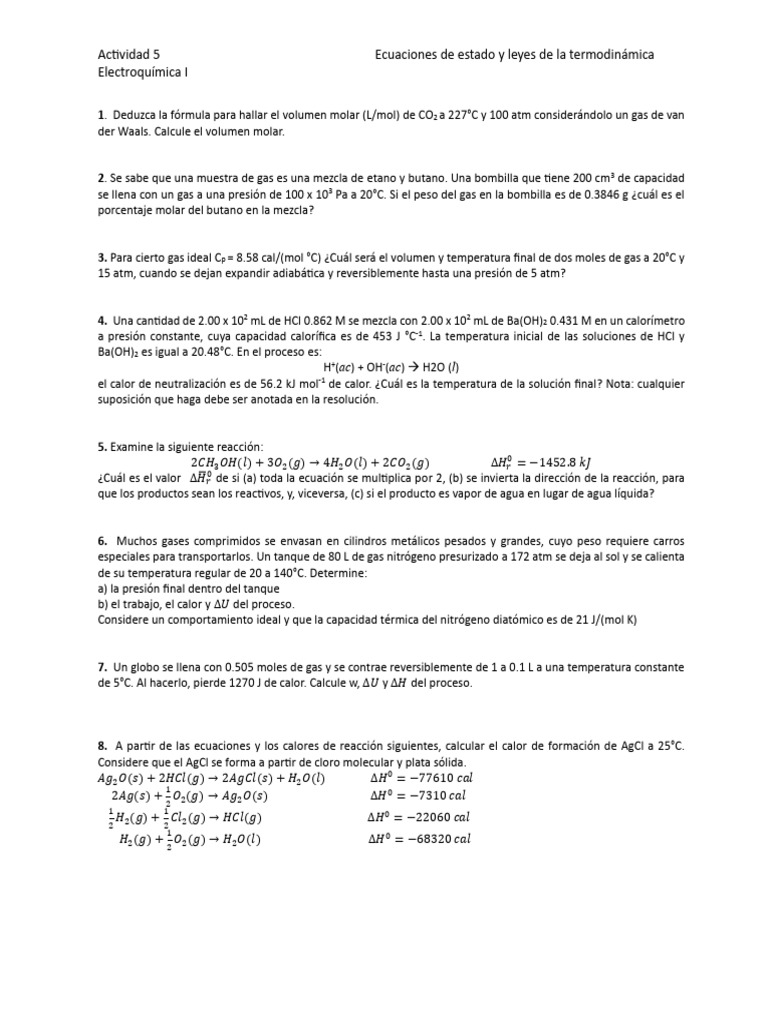 Ejercicios Fisicoquímica | PDF | Gases | Calor