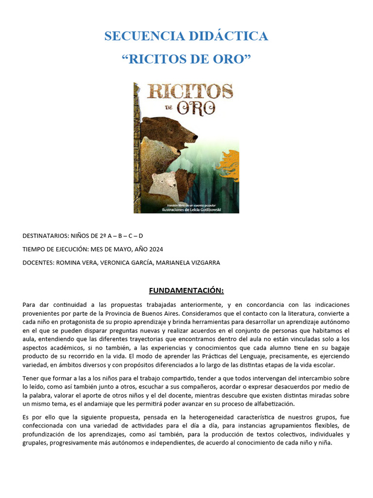 Secuencia Didáctica: Ricitos de Oro | PDF | Osos | Aprendizaje