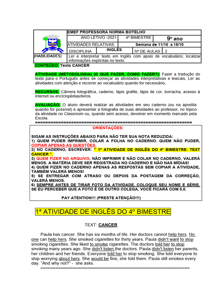 1 Atividade 9º Ano 4º BIM - Caic | PDF