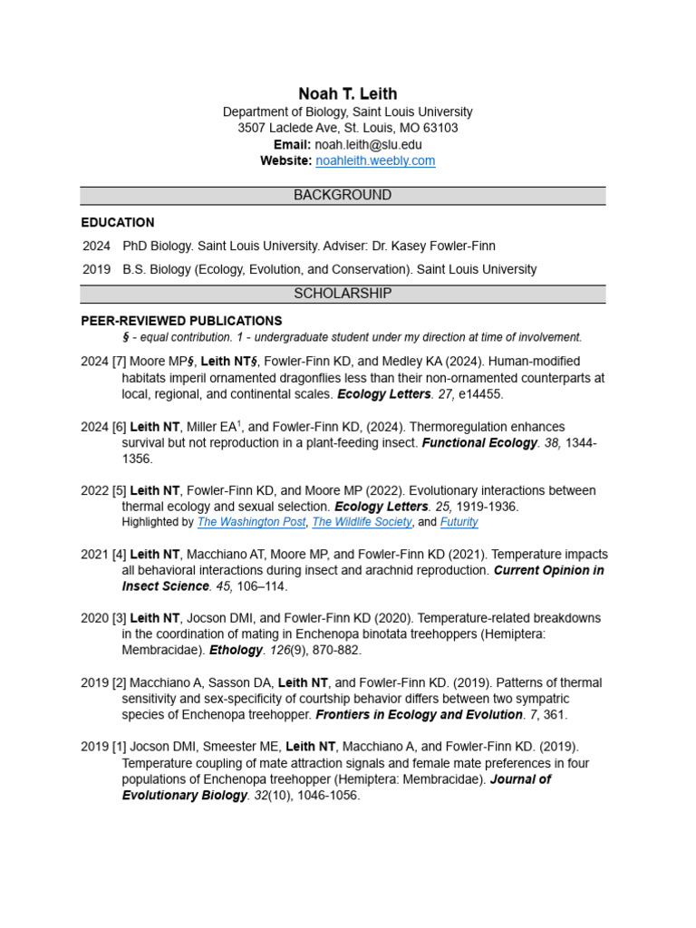 noah leith cv | Download Free PDF | Ecology | Evolution