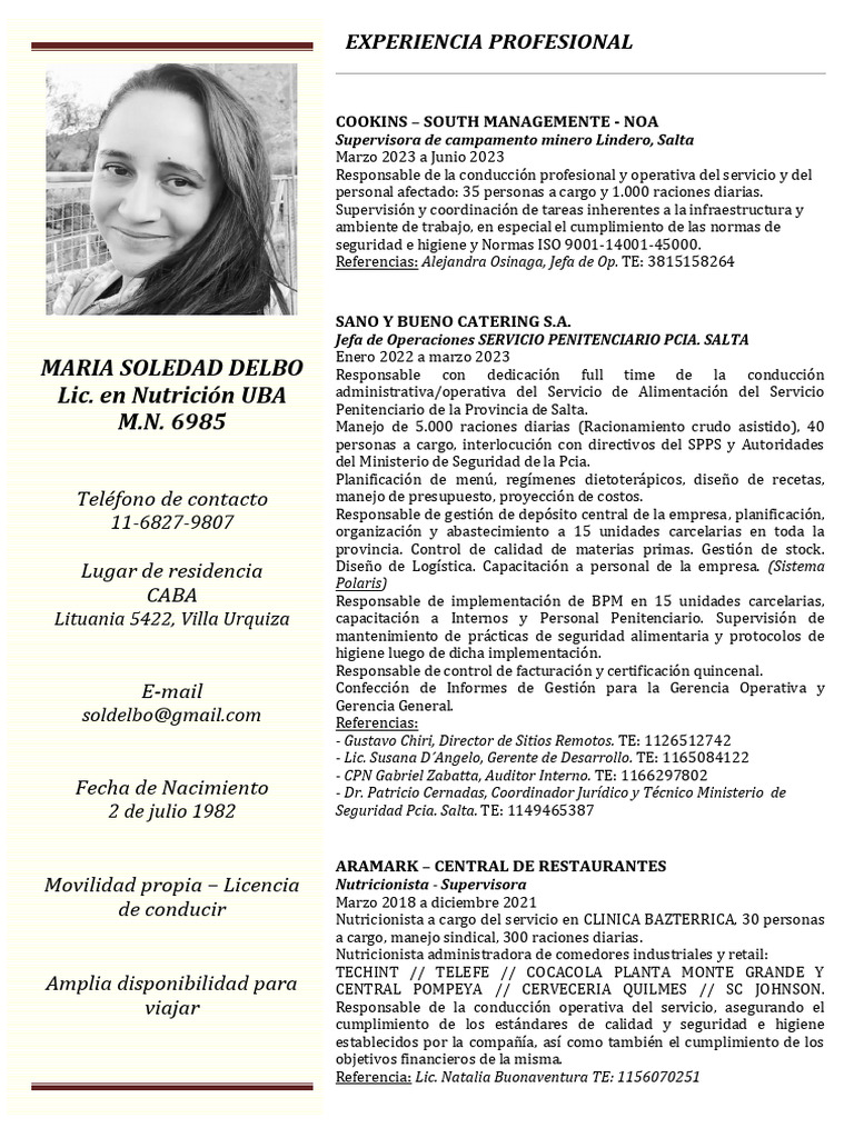 CV Lic. Nutricion Soledad Delbo | PDF | Dietético | Business