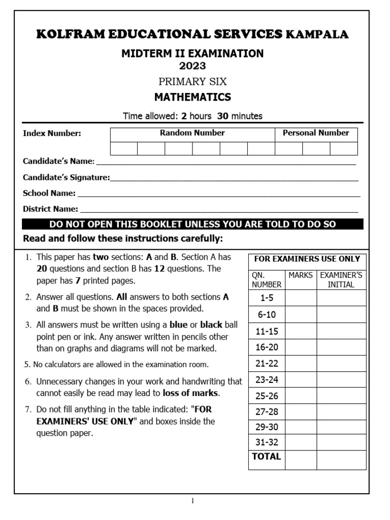 Kolfram p6 Maths Midterm II 2023 | PDF | Mathematics