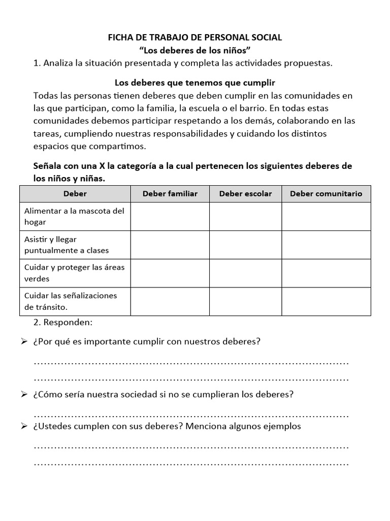 Ficha Ps 03 - 06 Los Deberes de Los Niños | PDF | Familia