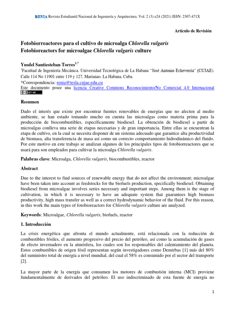 Fotobiorreactores para El Cultivo de Microalga Chlorella Vulgaris ...