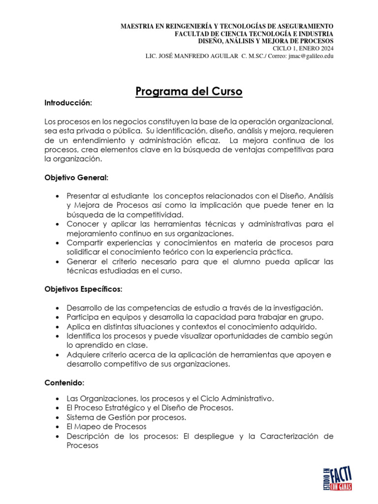 Programa Dise o An Lisis y Mejora de Procesos MR2024 | PDF | Diseño | Conocimiento