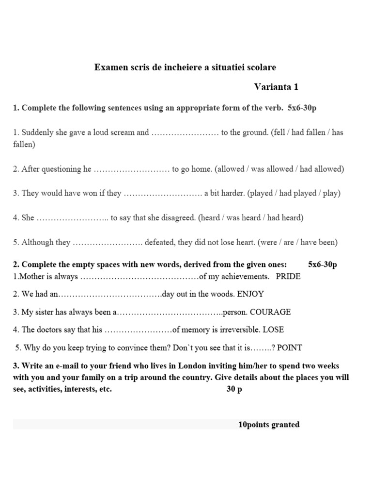 Examen scris de incheiere a situatiei scolare | PDF