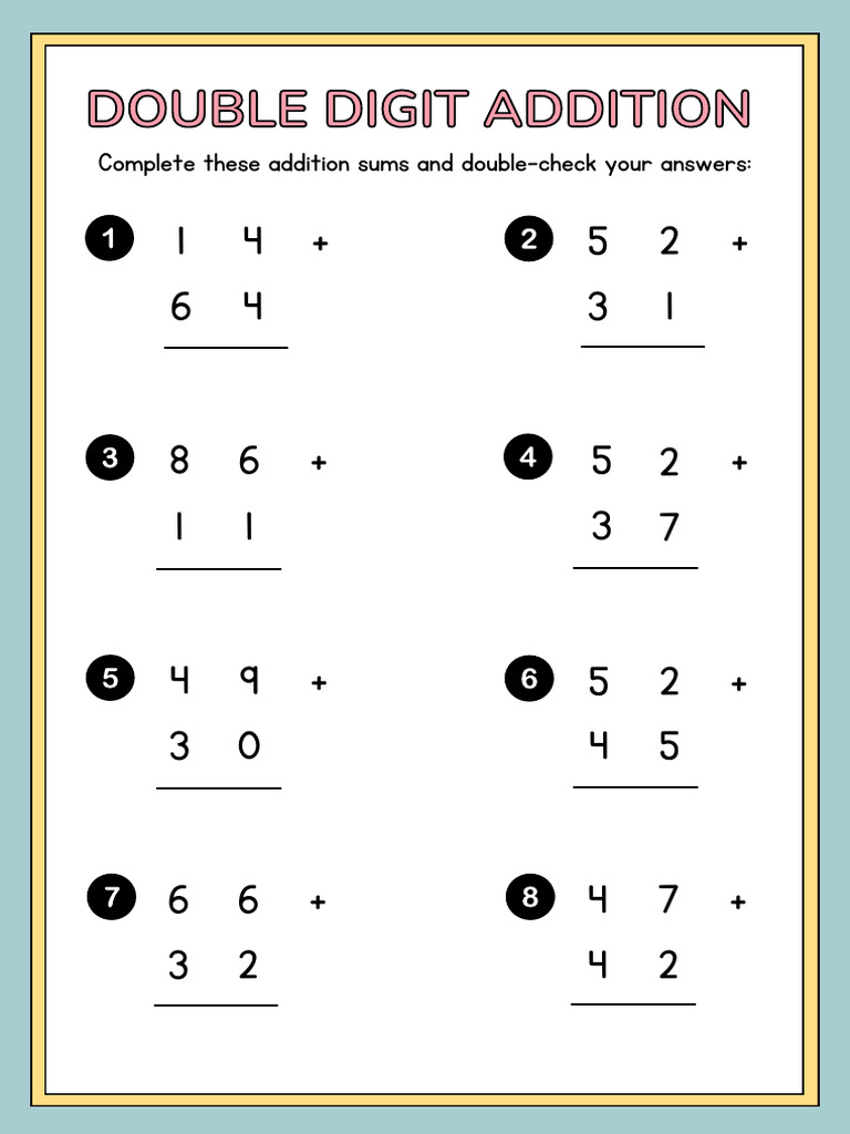 Mathematics Double-Digit Addition Worksheet in Colorful Simple Style ...