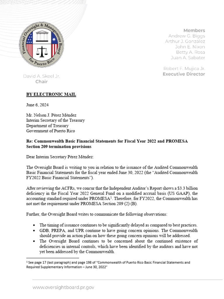 Fomb - Letter - PRDT - Fy2022 Acfr - June 6, 2024 | PDF | Fund ...