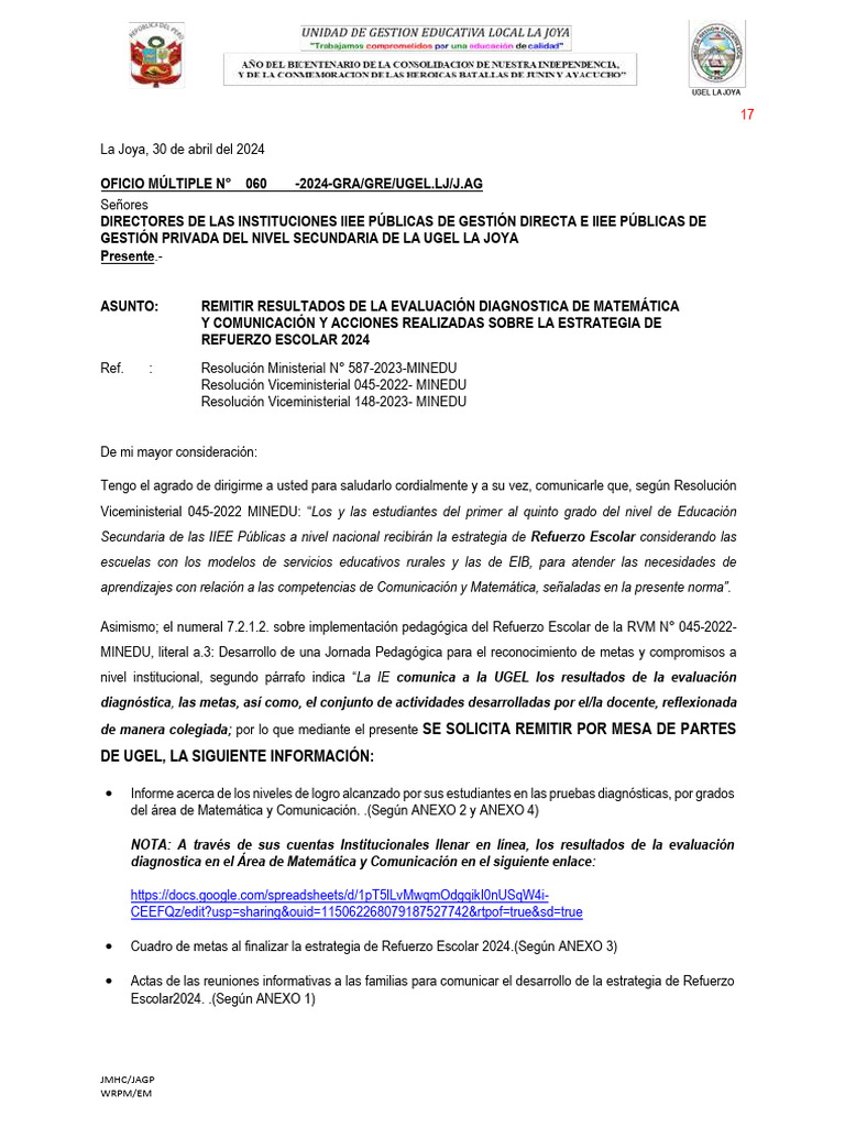 Oficio Multiple #60 Solicitando Acciones Sobre Refuerzo Escolar 2024 | PDF | Evaluación ...