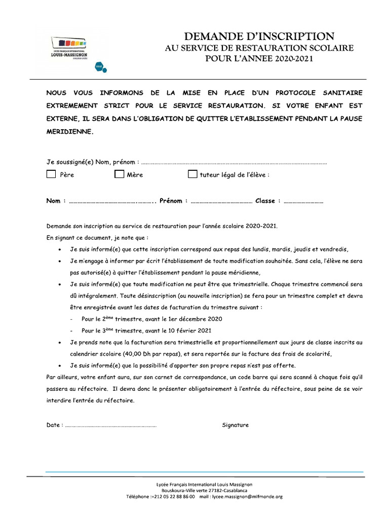 Formulaire 2 de Cantine | PDF