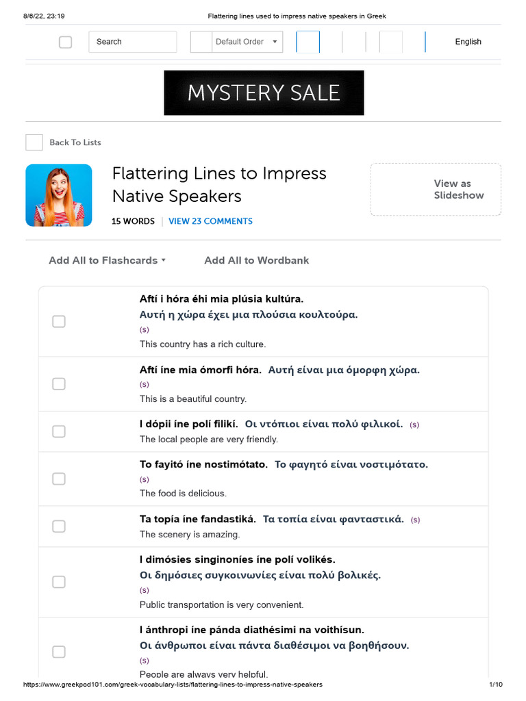 Flattering Lines Used To Impress Native Speakers in Greek | PDF | English Language | Syntax