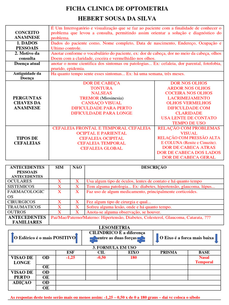 Ficha Clinica de Optometria Responida | PDF | Sistema visual | Olho