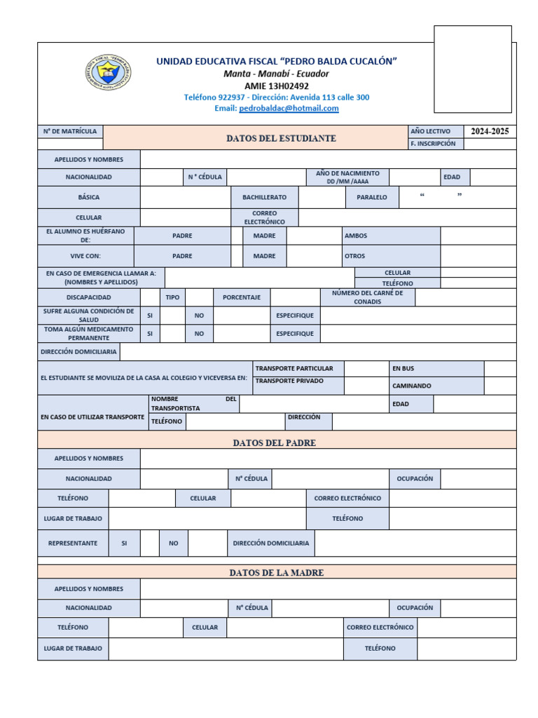Ficha de Datos del Estudiante 2024-2025 | PDF