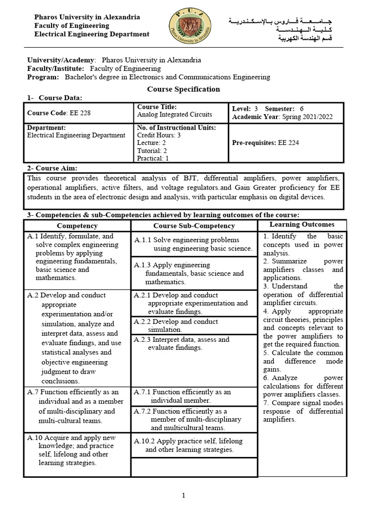 EE228 - Course Specs | PDF | Engineering | Electrical Engineering