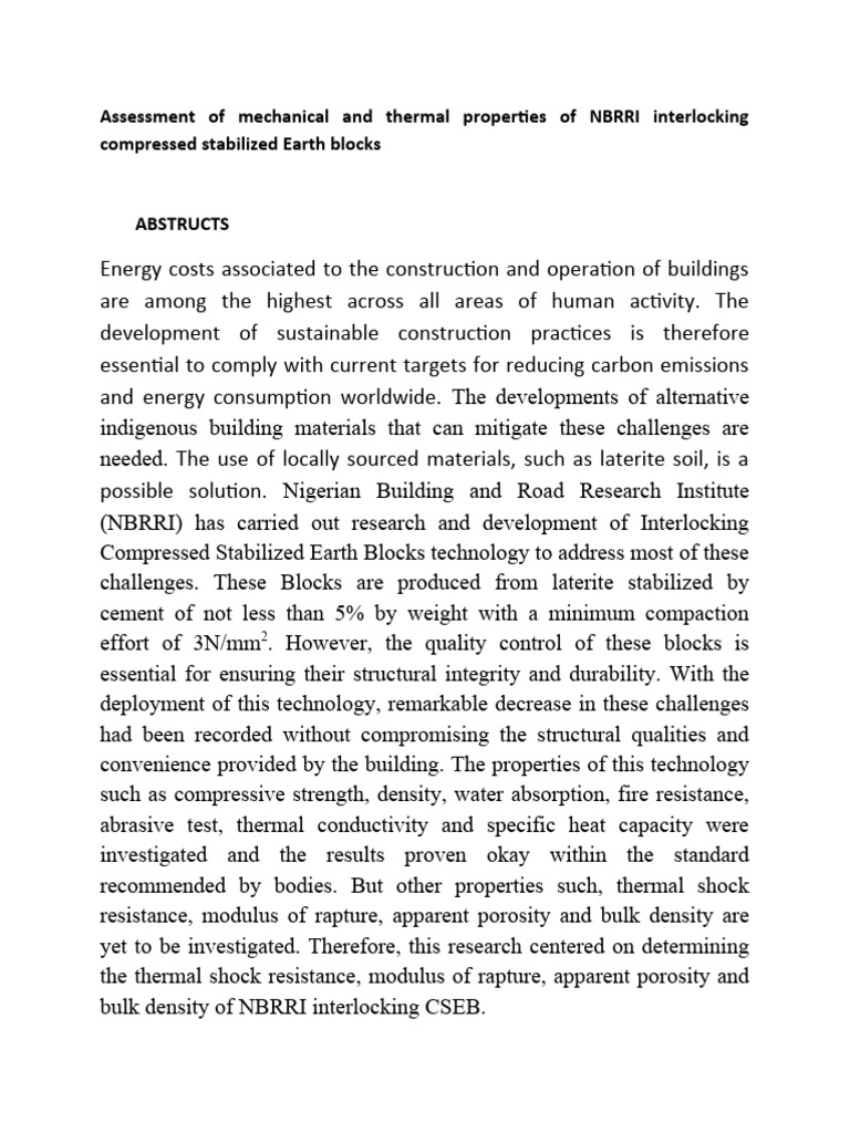 Assessment of mechanical and thermal properties of NBRRI interlocking ... Assessment of mechanical and thermal properties of NBRRI interlocking ...