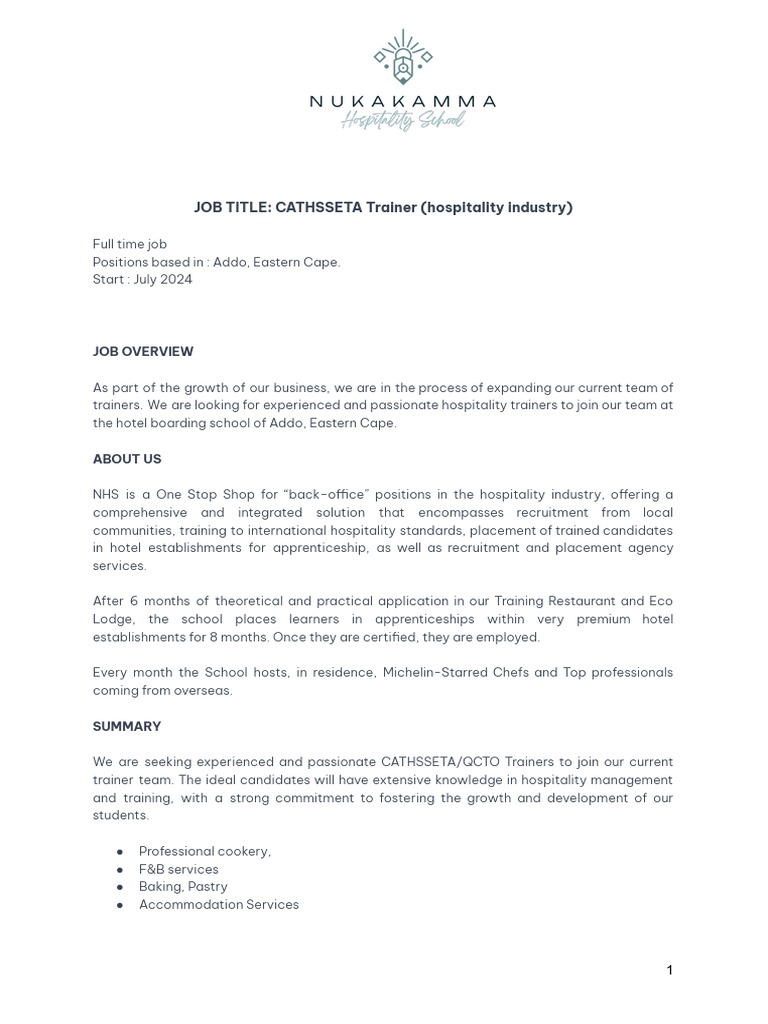 Job description _ CATHSSETA Trainer NHS (3) | PDF | Learning ...