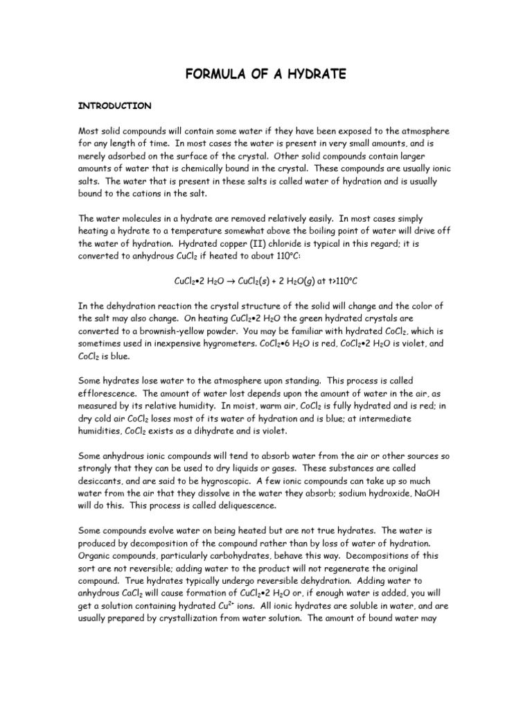 FORMULA_OF_A_HYDRATE | PDF | Water | Chemical Compounds