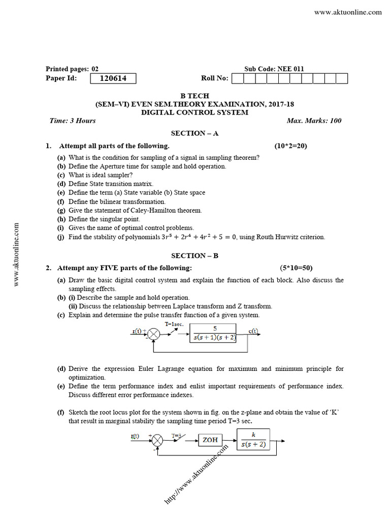 Btech Ee 6 Sem Digital Control System Nee011 2018 | PDF | Stability Theory | Applied Mathematics
