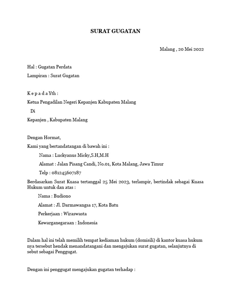 Surat Gugatan Perdata Luckyanus Micky Usim Putra Nim 116 | PDF