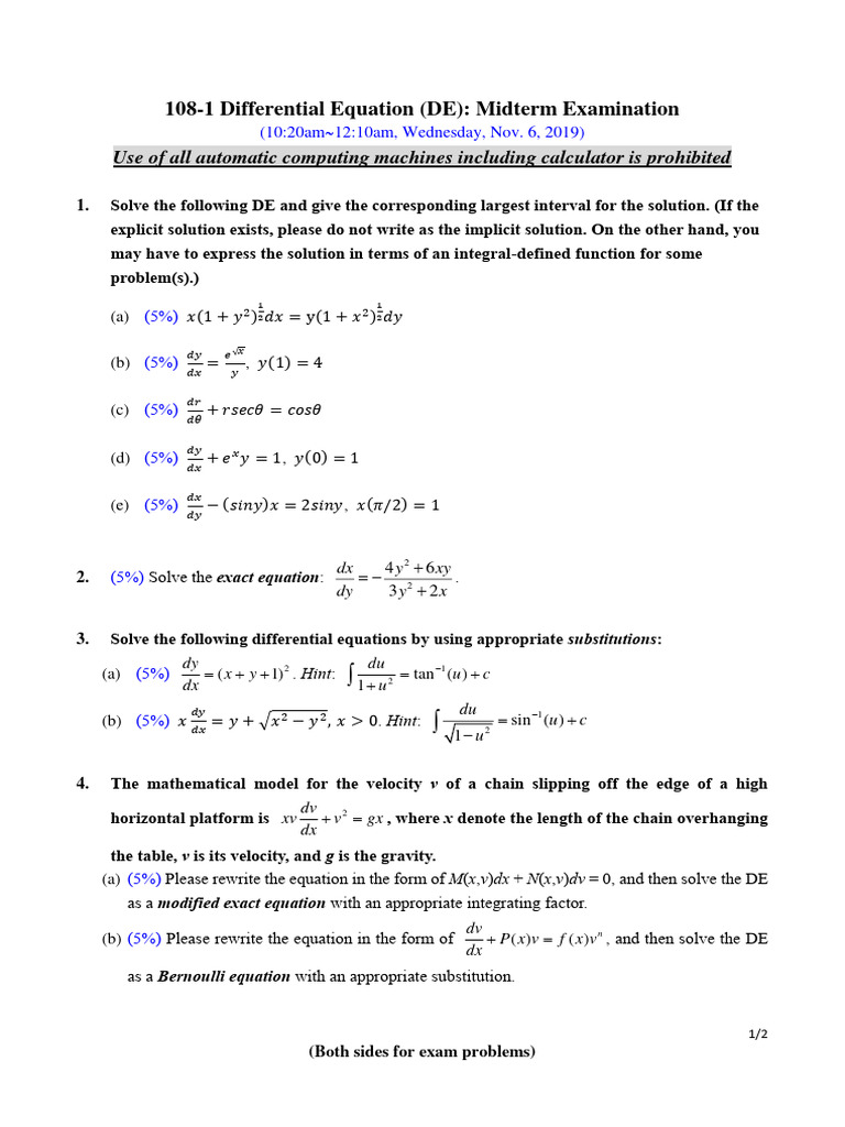 108-1 Differential Equation | PDF | Equations | Physics