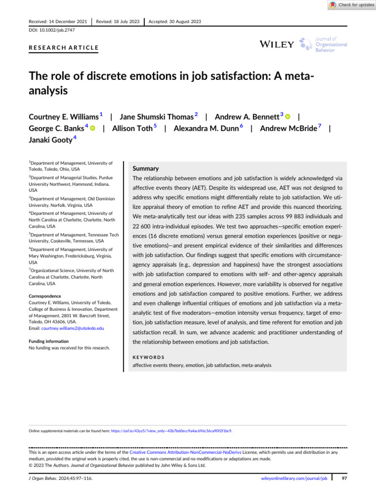 J Organ Behavior - 2023 - Williams | PDF | Emotions | Job Satisfaction