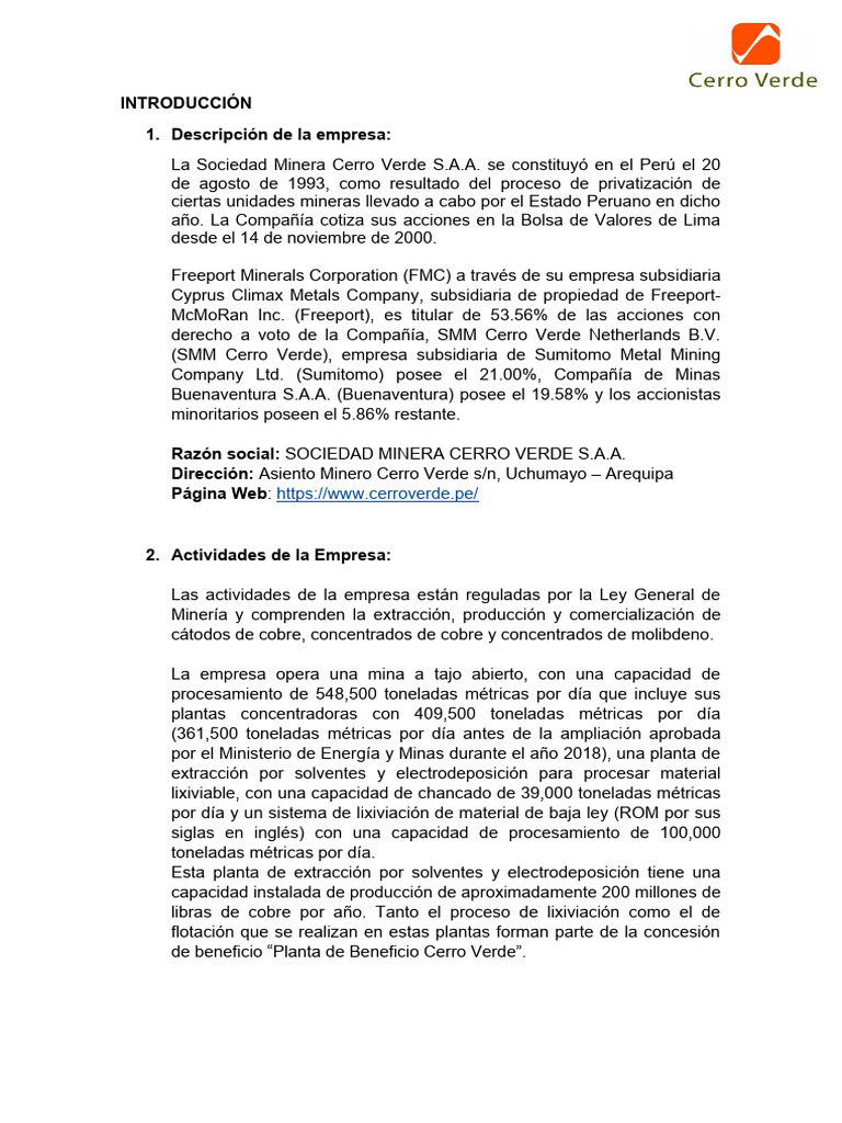 Dirección y Actividades de Cerro Verde | PDF | Minería
