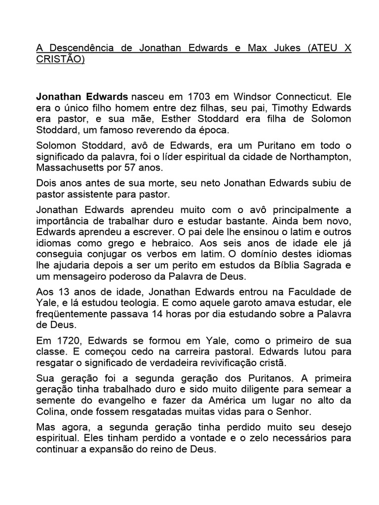 O Legado de Jonathan Edwards e Max Jukes | PDF | Jonathan Edwards ...