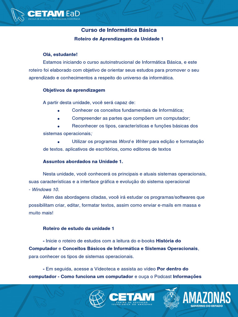 1 - Roteiro de Aprendizagem Da Unidade 1 - ATUALIZADO | Download grátis ...