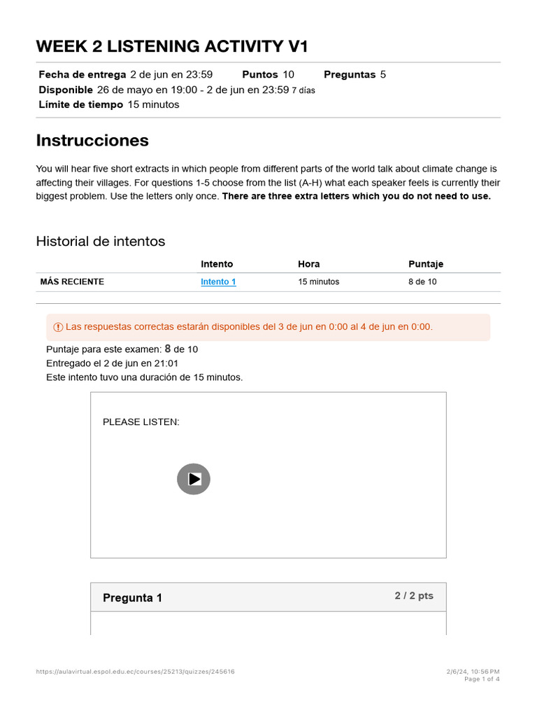 WEEK 2 LISTENING ACTIVITY V1- INGLÉS V - I PAO 2024 | Download Free PDF | Natural Environment ...