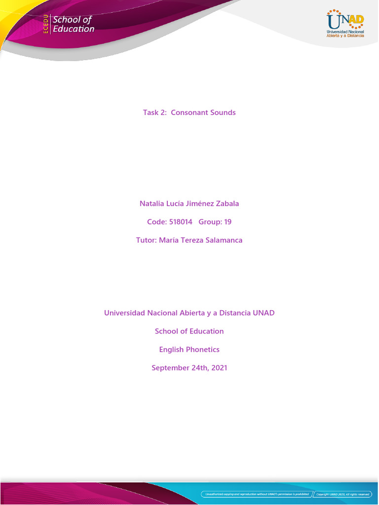 UNAD ENGLISH PHONETICS 518014 Task 02 | PDF | Phonetics | Consonant