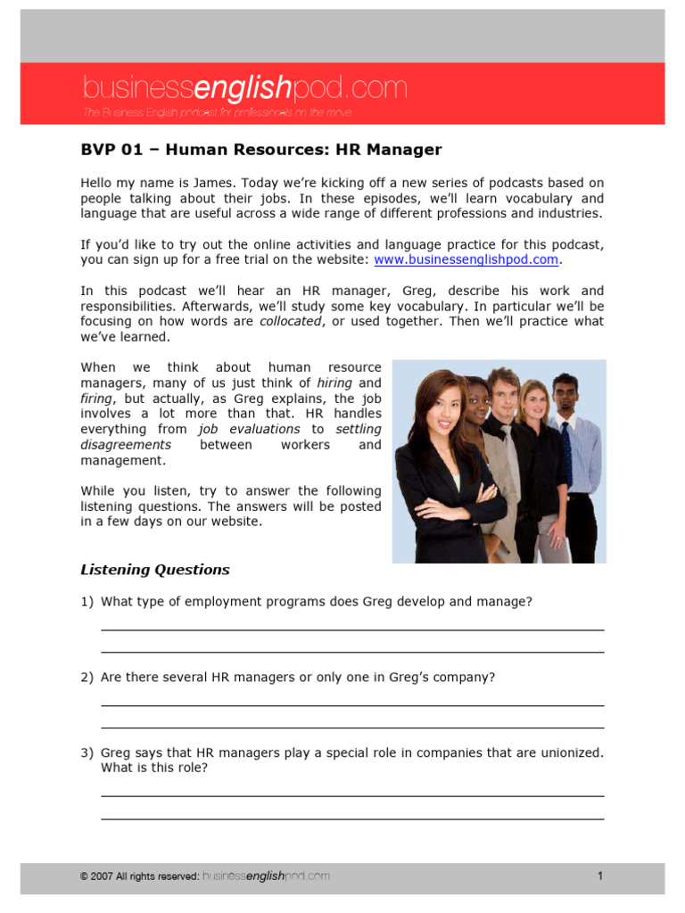 BVP01 HR Manager | PDF | Human Resource Management | Employment