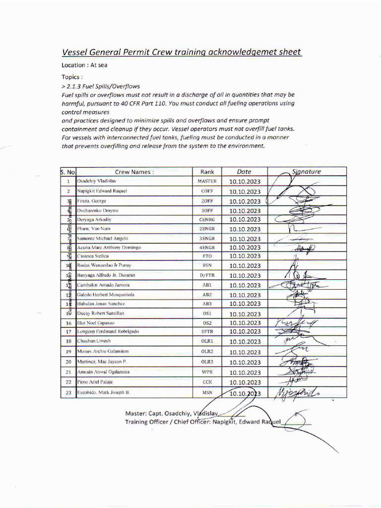 VGP Training Record 10.10.2023 | PDF