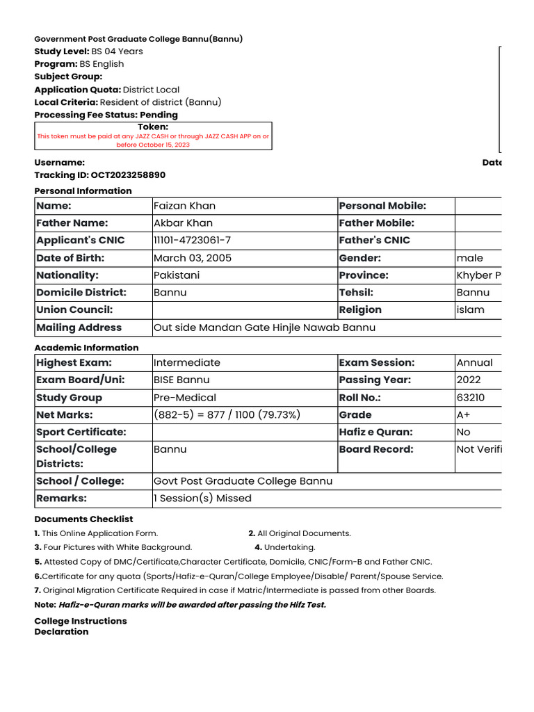 This Token Must Be Paid at Any JAZZ CASH or Through JAZZ CASH APP On or Before October 15, 2023 ...