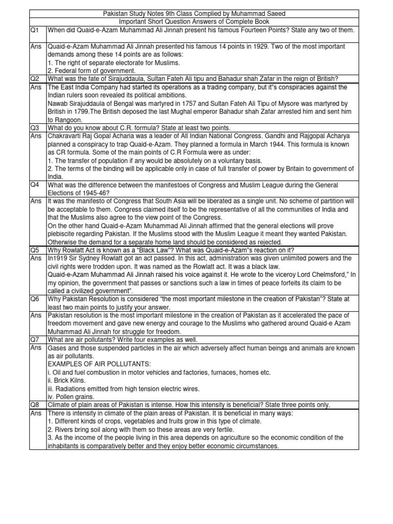 Pak Study Notes by Sir Saeed | PDF | Muhammad Ali Jinnah | Pakistan