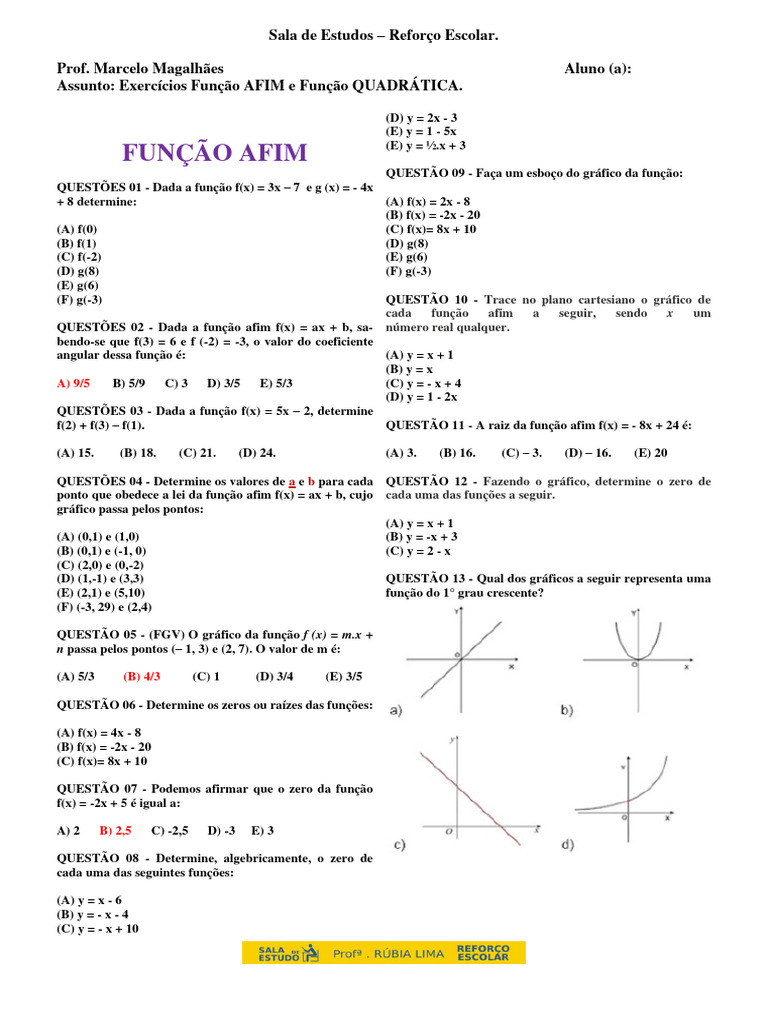 Exercicios Funcao Afim - Quadratica | PDF | Ciência da Computação | Álgebra Exercicios Funcao Afim - Quadratica | PDF | Ciência da Computação | Álgebra