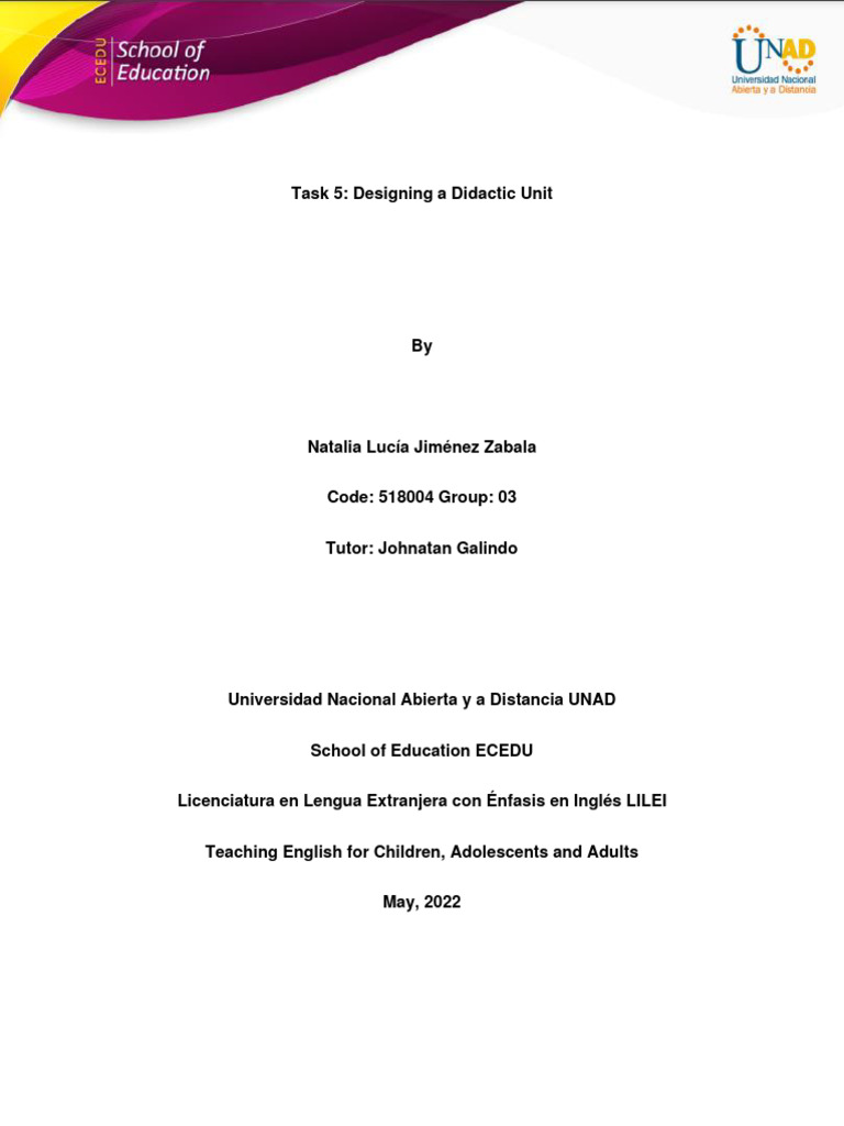 UNAD TEACHING ENGLISH TO CHILDREN ADOLESCENTS AND ADULTS Task 05 | PDF