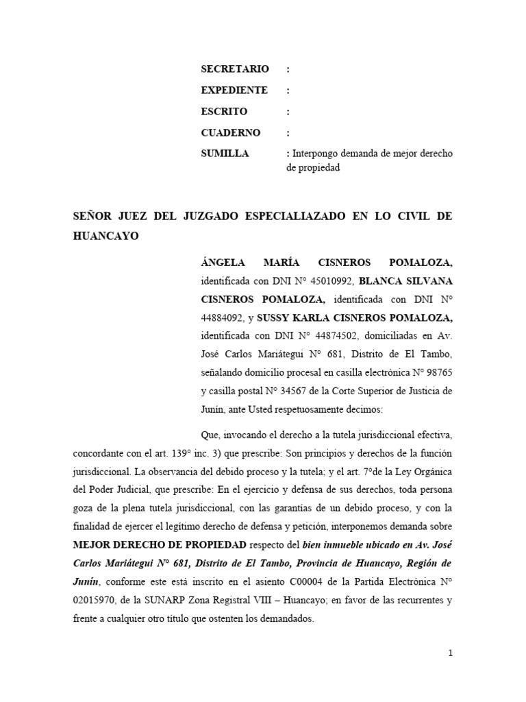 Modelo de Demanda - Mejor Derecho de Propiedad | PDF | Propiedad | Justicia Modelo de Demanda - Mejor Derecho de Propiedad | PDF | Propiedad | Justicia