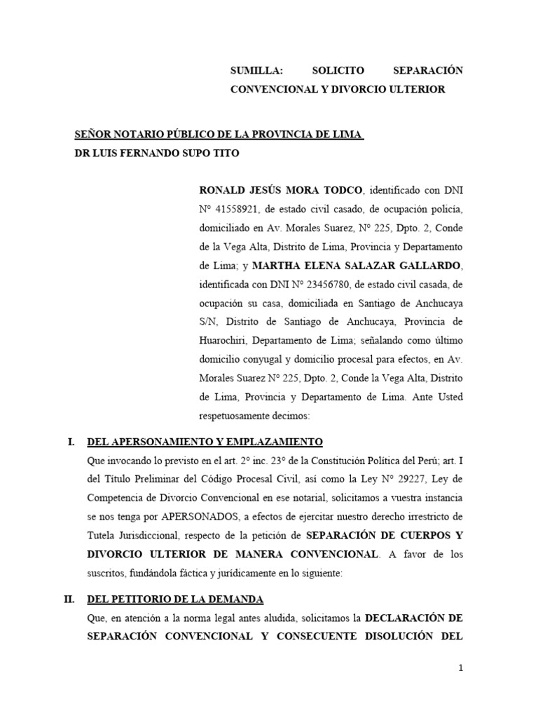 Modelo de Solicitud de Separación Convencional y Divorcio Ulterior ... Modelo de Solicitud de Separación Convencional y Divorcio Ulterior ...