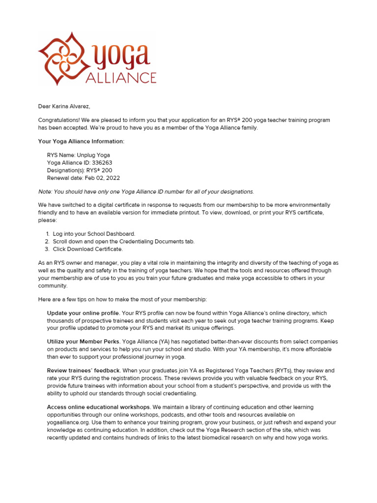 Yoga Teacher Training Course Welcome Letter | PDF