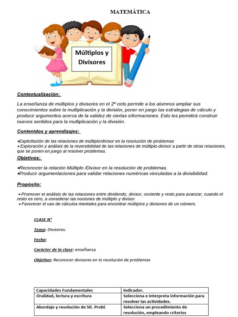 Múltiplos y Divisores - OBJETIVOS | PDF | División (Matemáticas ...