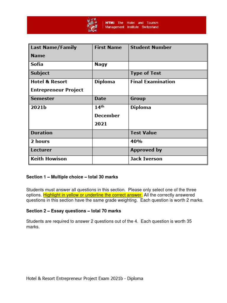 Hotel Resort Entreprenuer Project - FINAL EXAM PAPER 2021B | Download ...