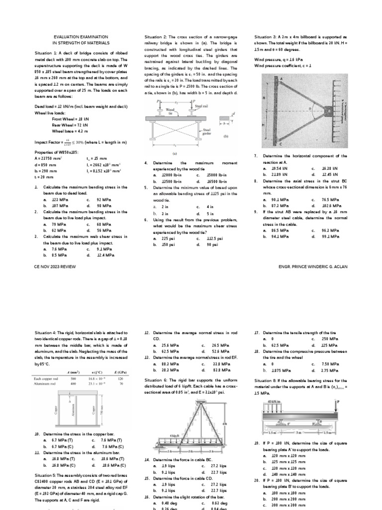 Evaluation Exam in Strength of Materials Nov2023 Review | PDF | Deformation (Engineering) | Bending