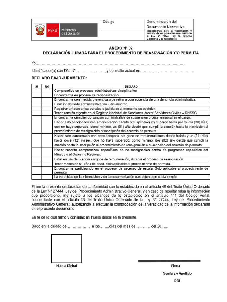 Anexo 2. Declaración Jurada para El Procedimiento de Reasignación | PDF | Documento de identidad ...