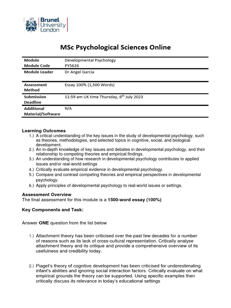 Developmental Psychology MSc Module Guide | PDF | Developmental ...