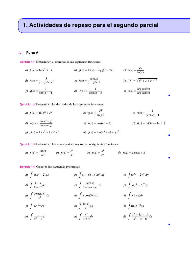 Actividades de Repaso para El Segundo Parcial: Parte A | PDF | Integral ...