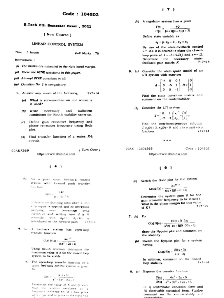Btech 5 Sem Linear Control System 104503 2021 | PDF