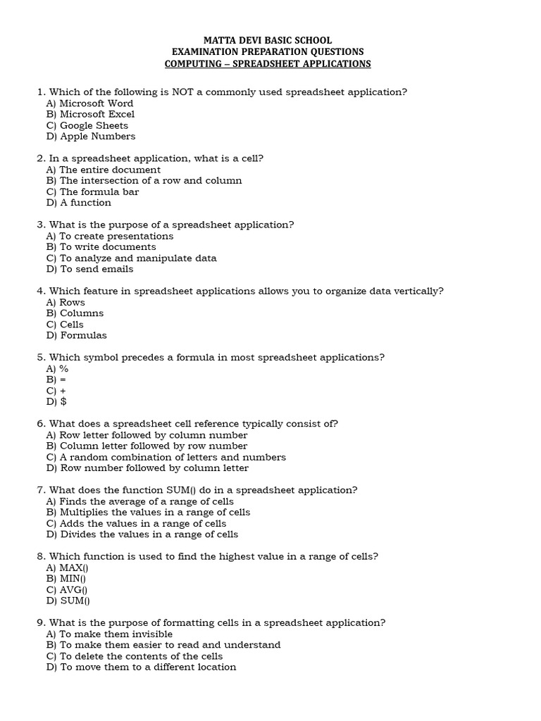 End of Term Examination Preparation Questions (Spreadsheet Application ...