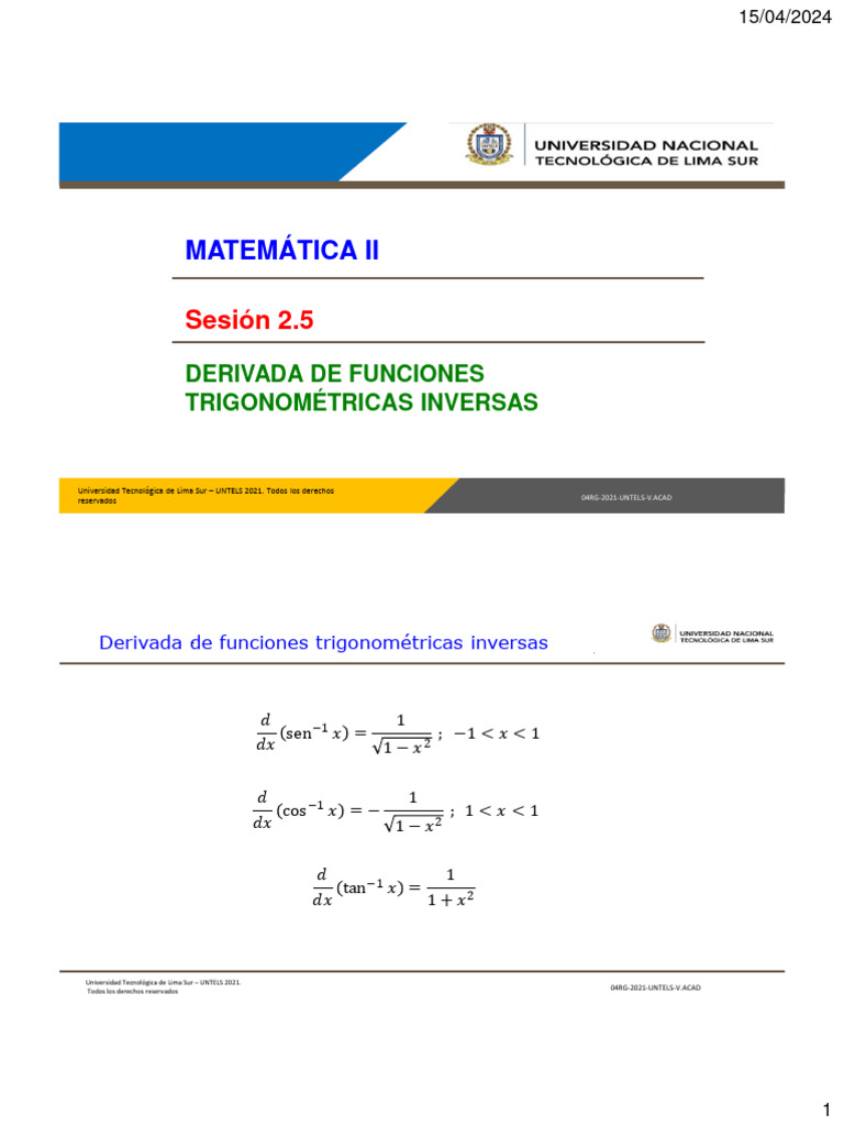 ADM EMP - Sesión 2.5 - Derivada de Func. Trig. Inversas | PDF | Trigonometría | Análisis complejo