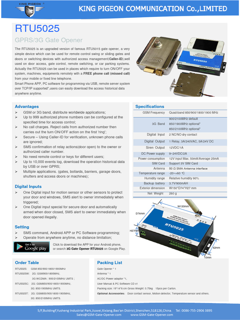RTU5025 GPRS 3G Gate Opener Datasheet | PDF | General Packet Radio ...