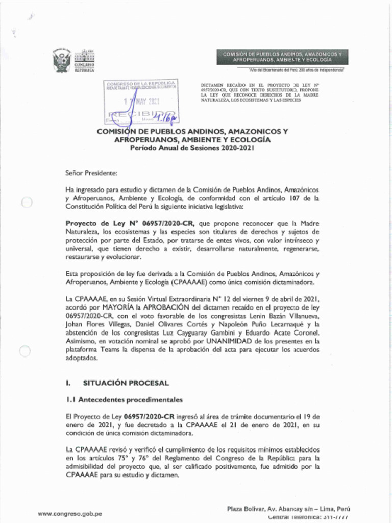 Proyecto de Ley Que Propone El Reconocimiento de La Madre Tierra Como Sujeto de Derechos | PDF